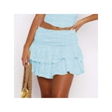 Blue Lace Mini Skirt Low Waist A-Line Tiered Ruffled Skirt For Daily ...