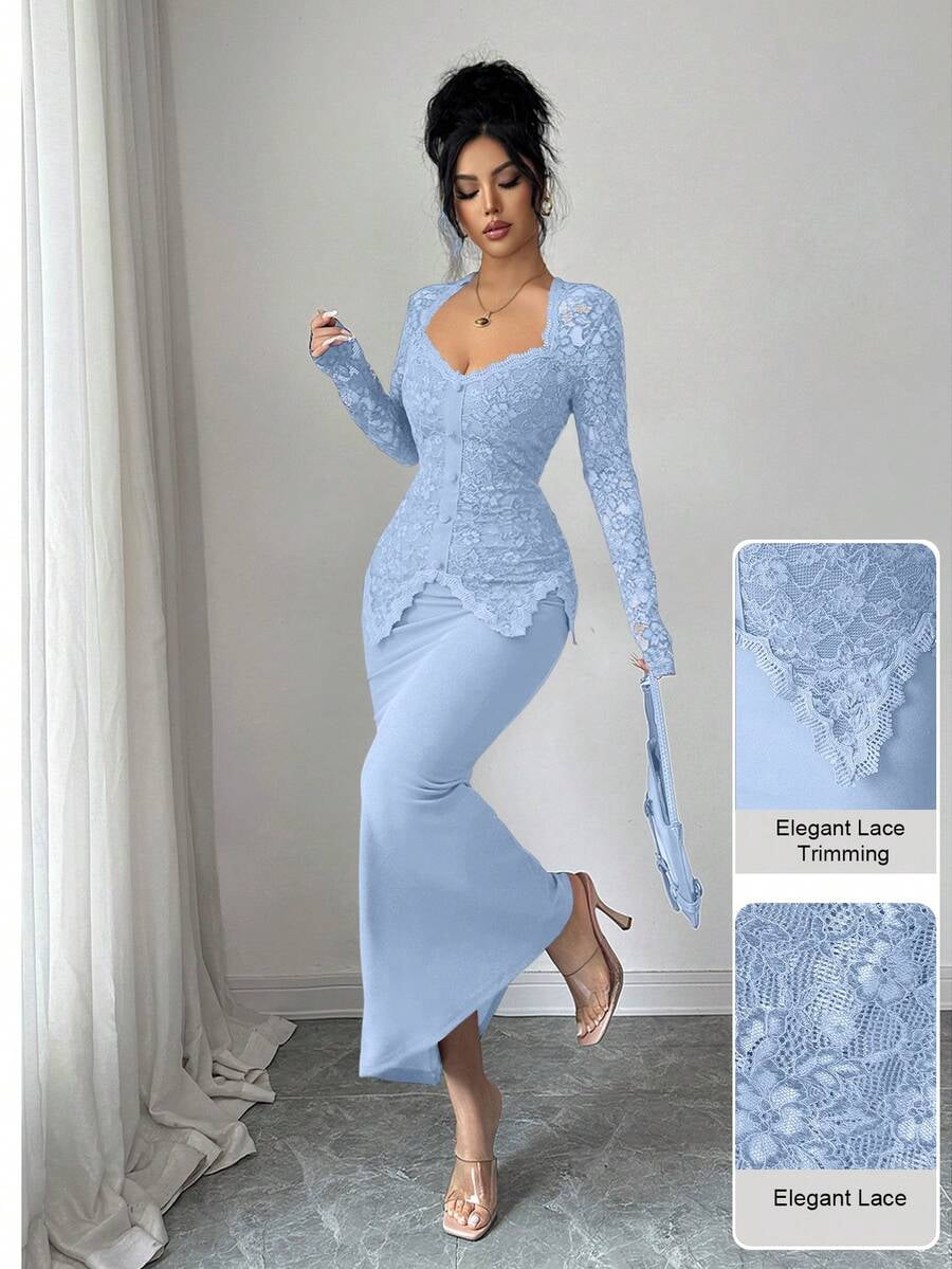 Blue Lace Overlay Button-Front Fitted Midi Dress With Long Sleeves And ...