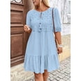 Blue Lace Patchwork A-Line Dress With Tassel Tie Neck And Lantern ...
