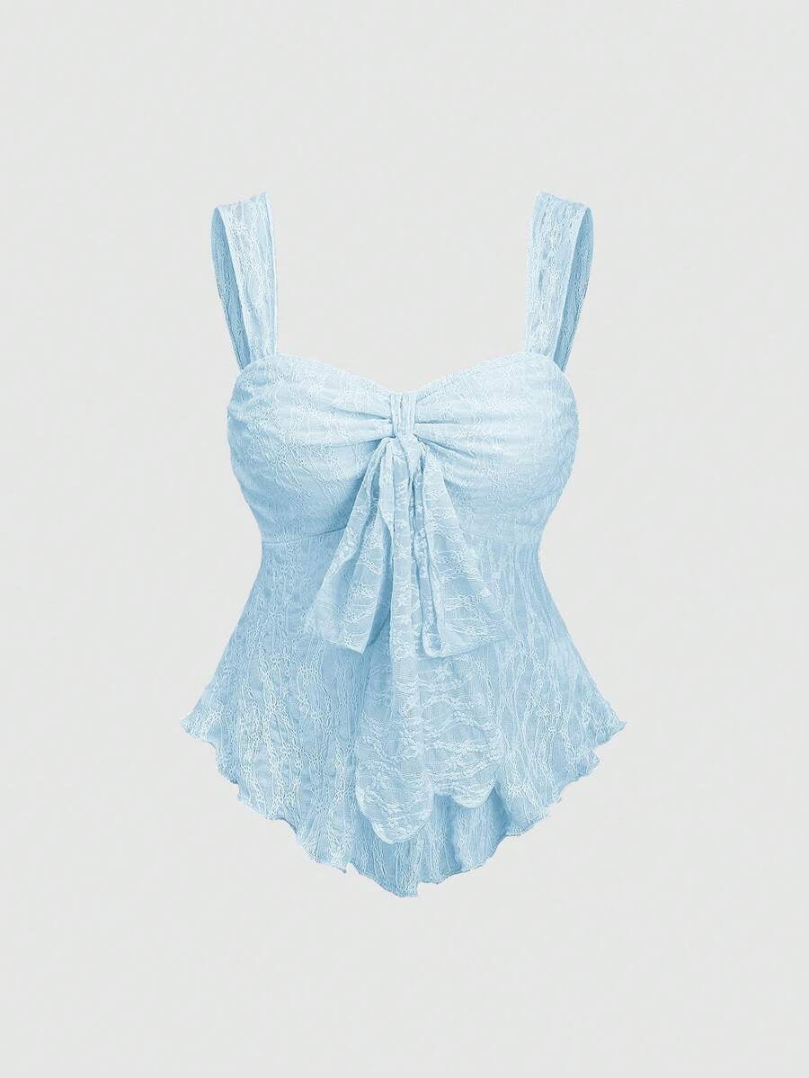 Blue Lace Peplum Top With Front Bow And Wide Straps, Feminine Sweet ...