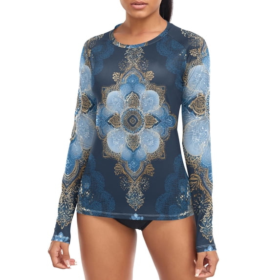 Blue Lace Symmetrical Pattern Women's Rash Guard Shirts UPF 50+ Sun ...