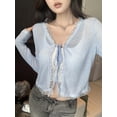 Blue Lace Trim Drawstring Front Ribbed Long Sleeve Cropped Top ...