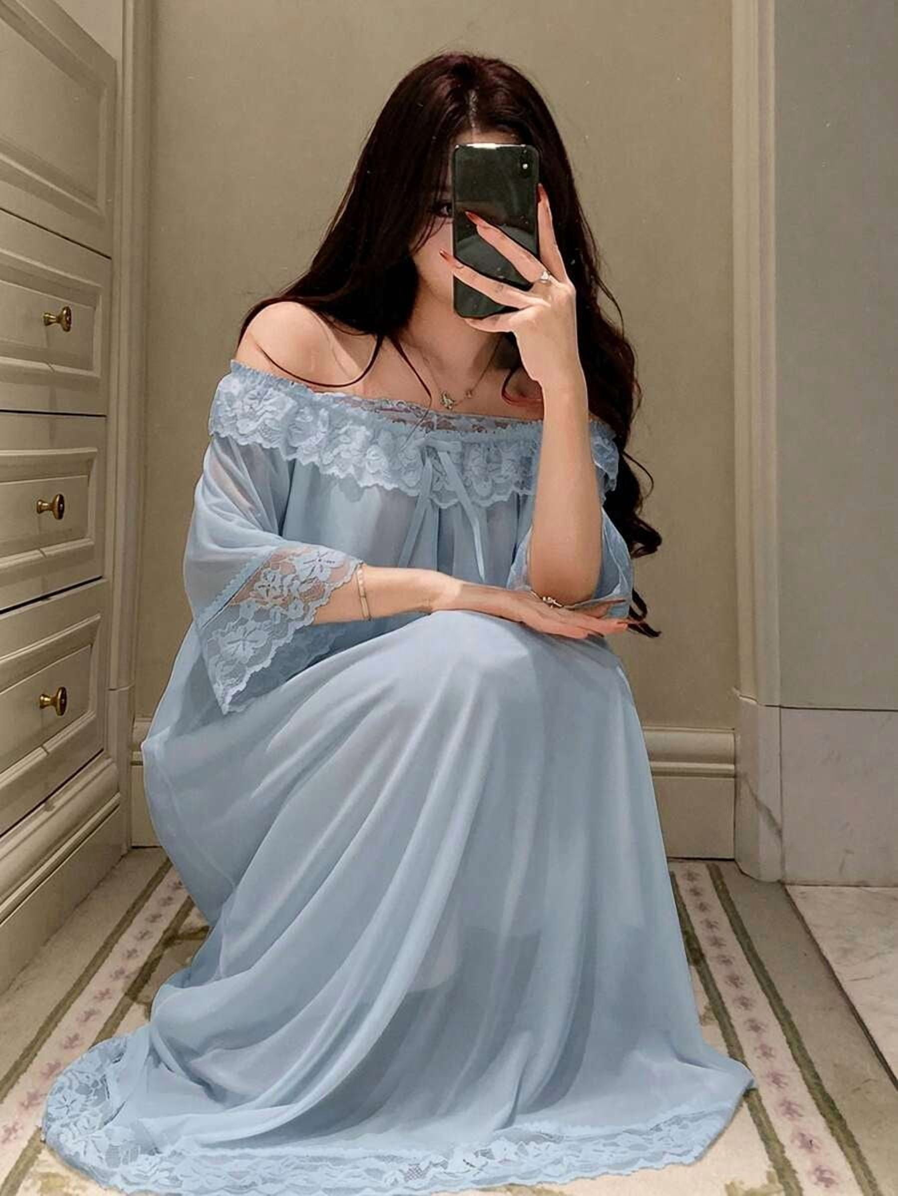 Blue Lace-Trimmed Off-Shoulder Flowy Long Sleep Dress For Women ...