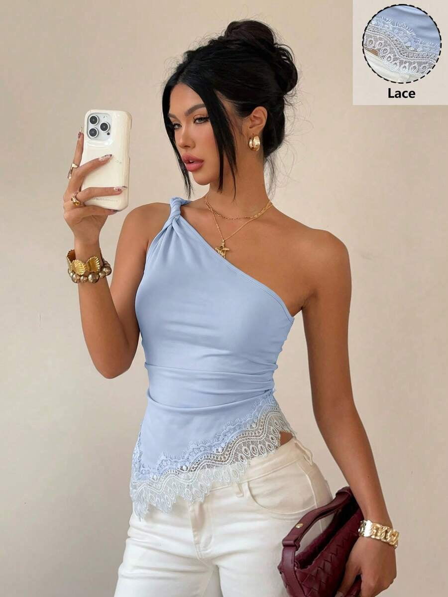 Blue Lace-Trimmed One Shoulder Twist Knot Crop Top, Fitted Womens ...