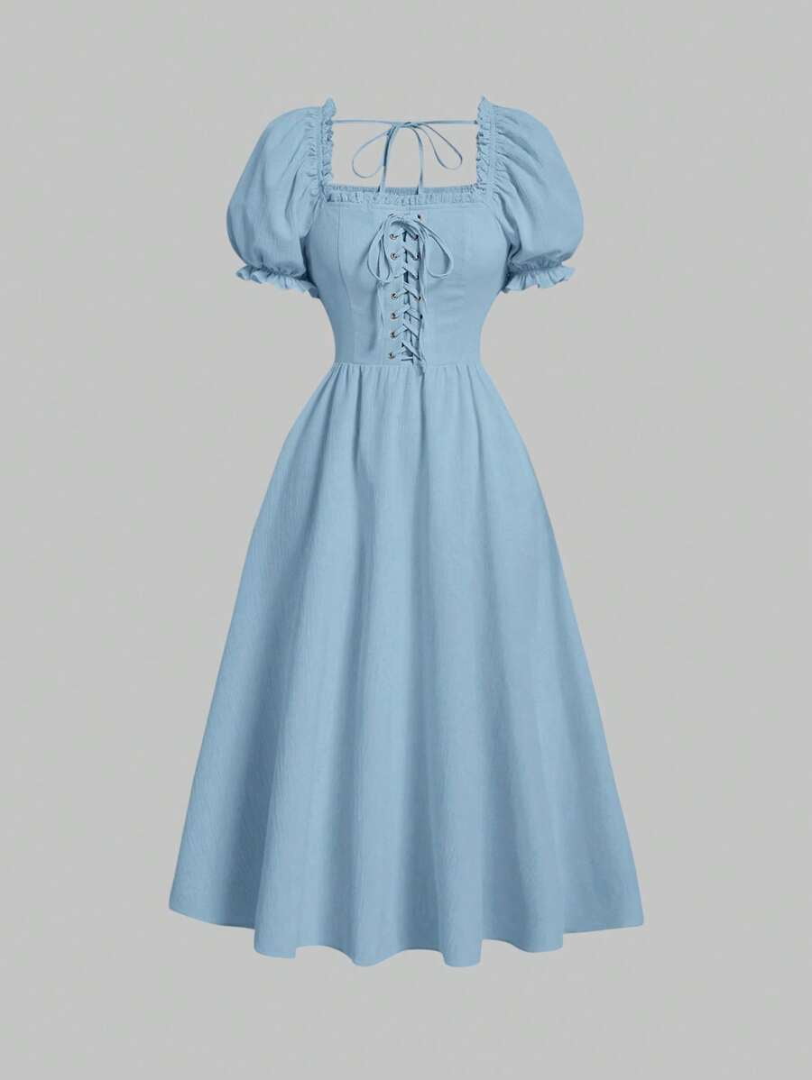 Blue Lace-Up Front Puff Sleeve Square Neck Midi Dress, A-Line Fit ...