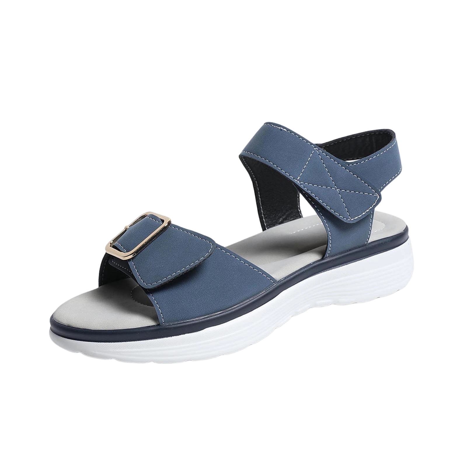 Blue Ladies Blue Pu Flat Sandals With A Round Toe And Open-Toe Design ...