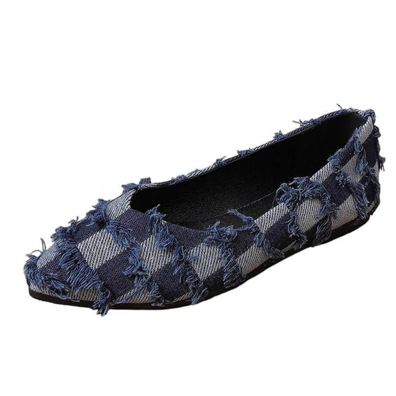 Blue Ladies Denim Flats With Plaid Design And Pointed Toe For Casual ...