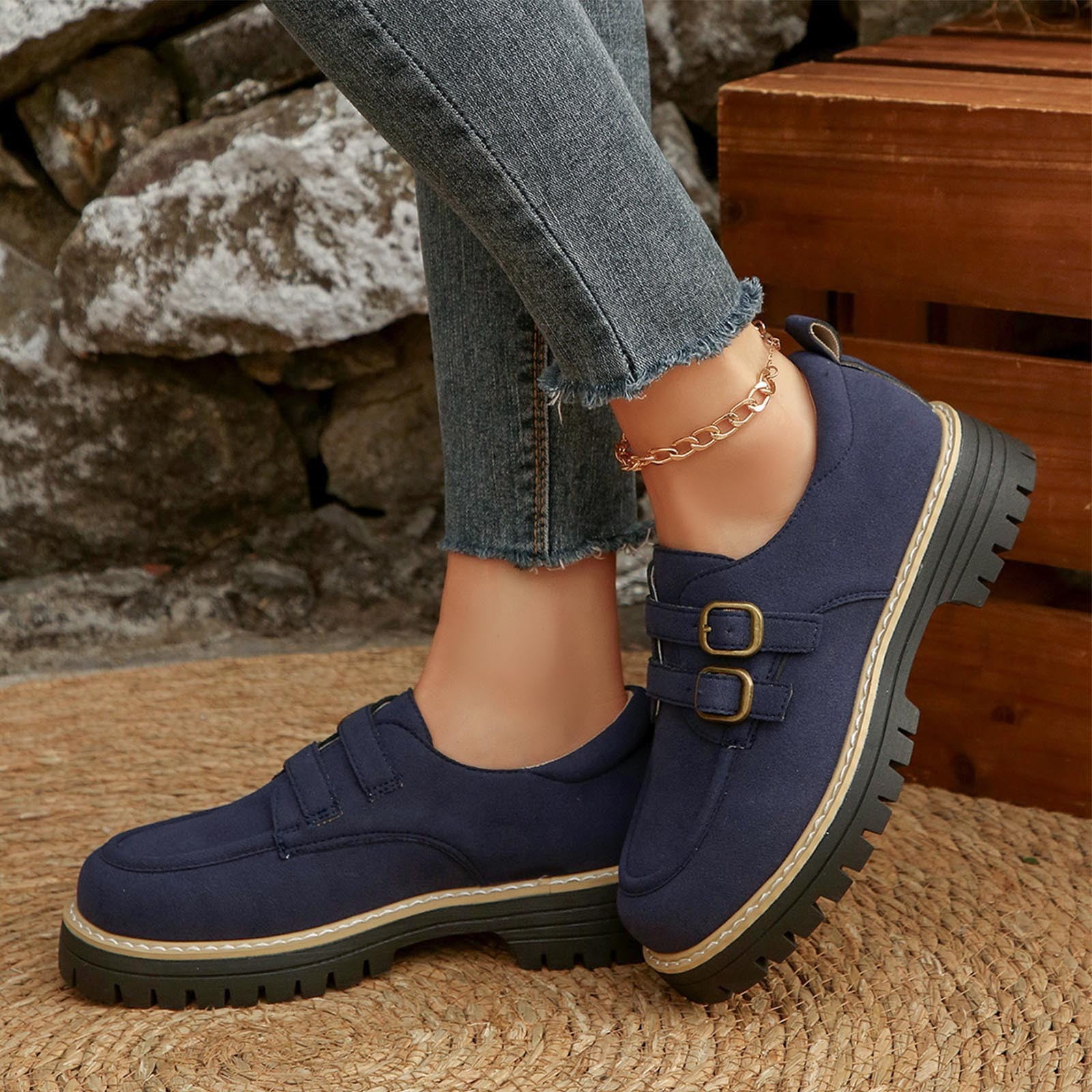 Blue Ladies Everyday Loafers With Frosted Round Toe And Chunky Heel For ...