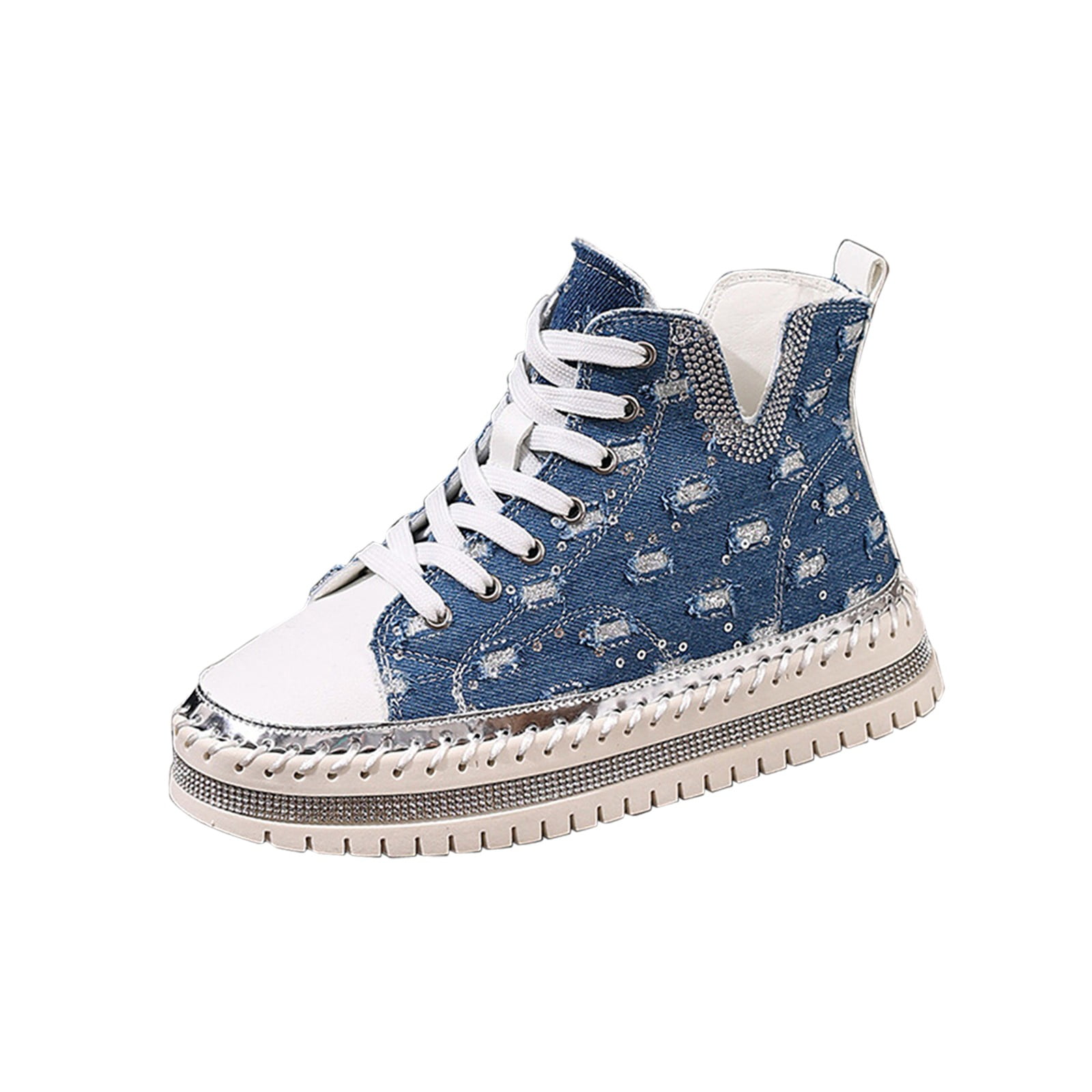Blue Ladies Flat Shoes Rhinestone Decor Lace-Up Thick Sole For Casual ...