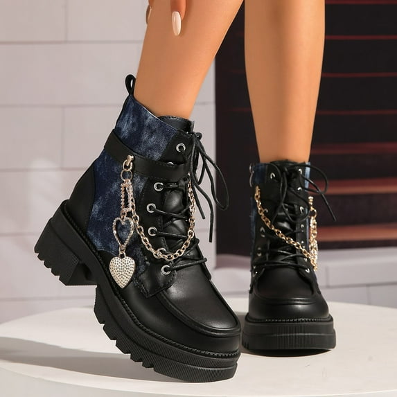 Blue Ladies Motorcycle Boots Trendy Chain Decor Casual Double Thick ...