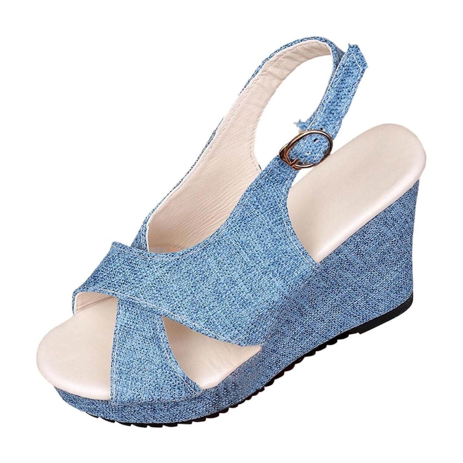 Blue Ladies Peep Toe Wedge Beach Sandals Buckle Strap Detail Summer ...