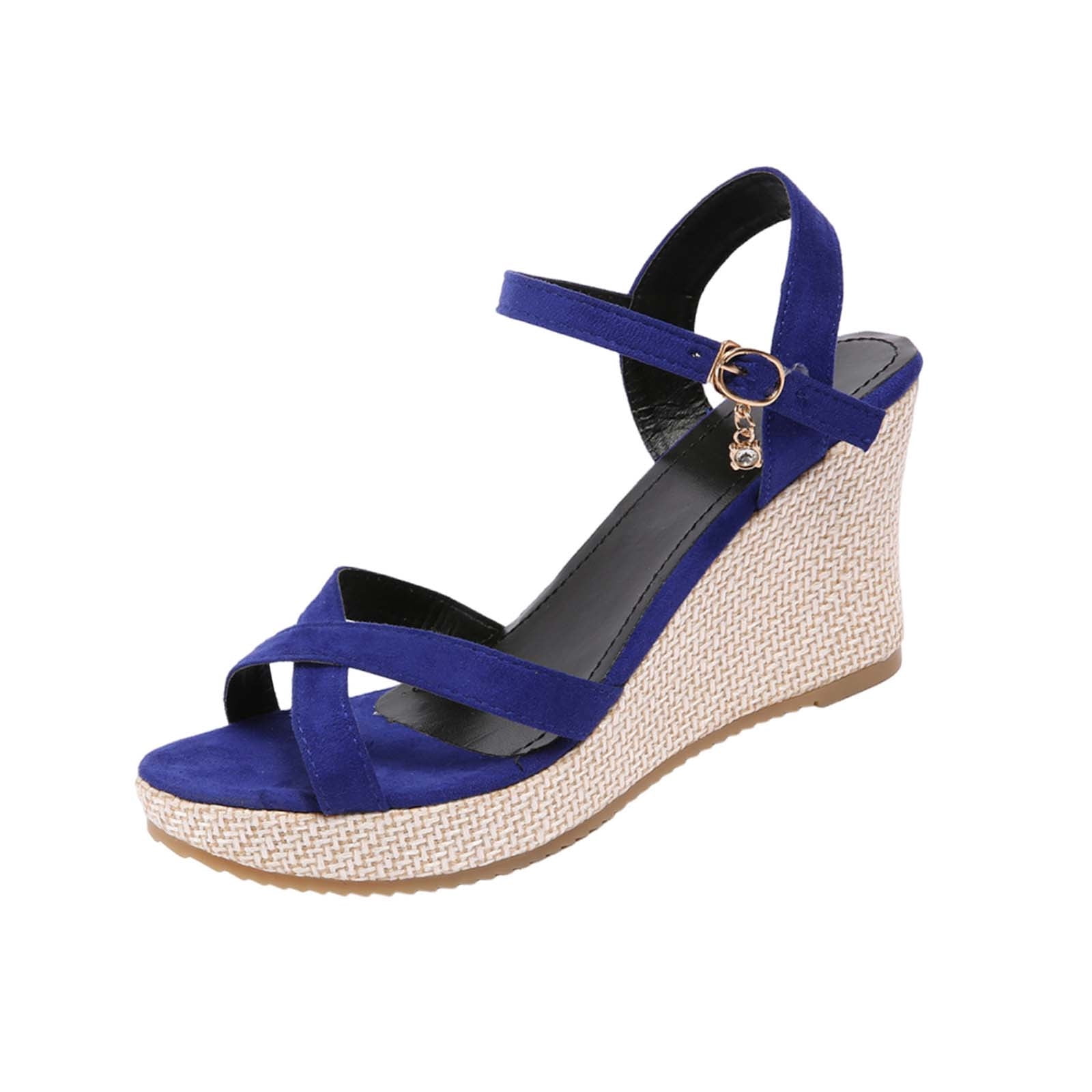 Blue Ladies Sandals Round Toe Open Toe Single Strap Wedge Heel Thick ...