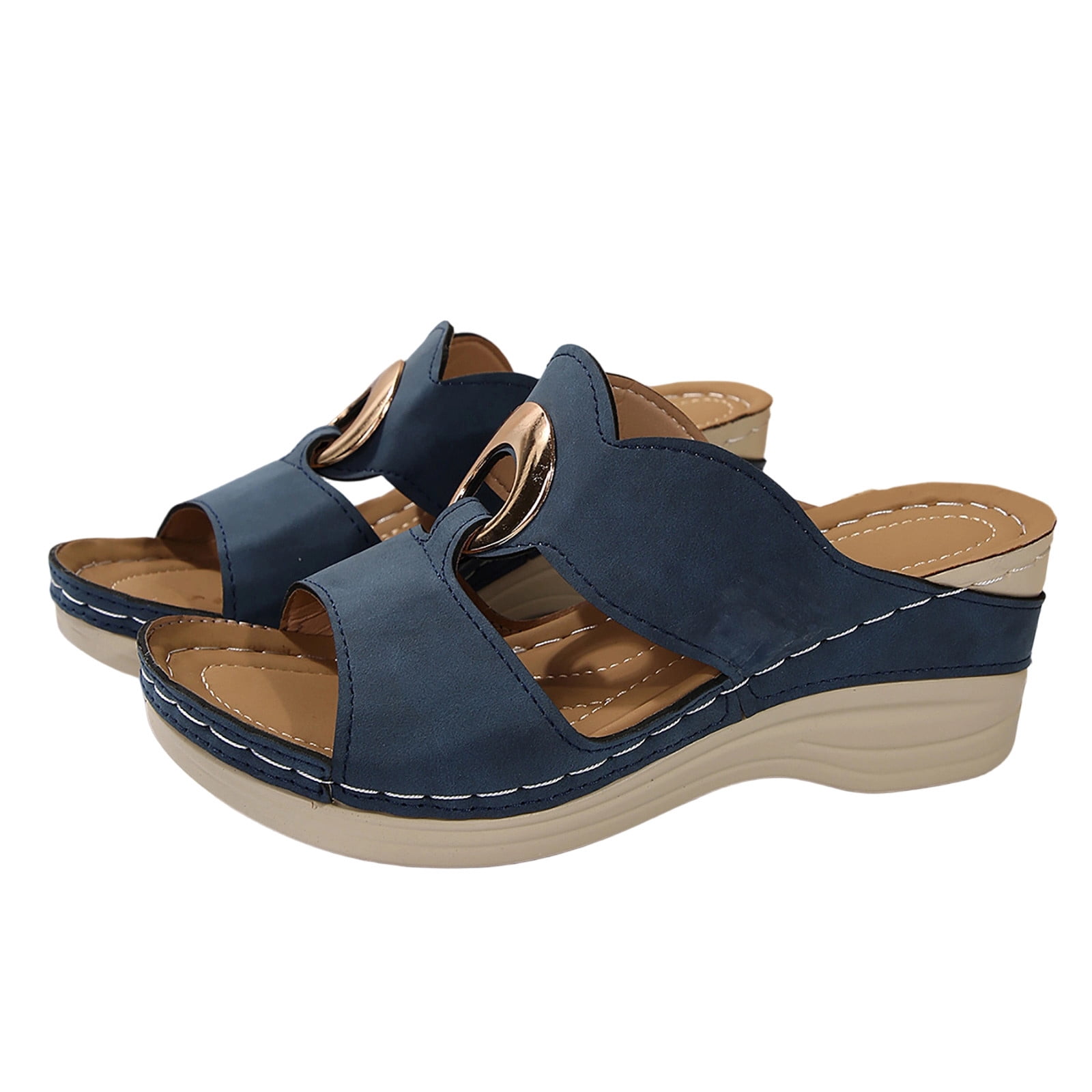 Blue Ladies Summer Wear Hollow Out Wedge Heel Roman Metal Buckle Beach ...