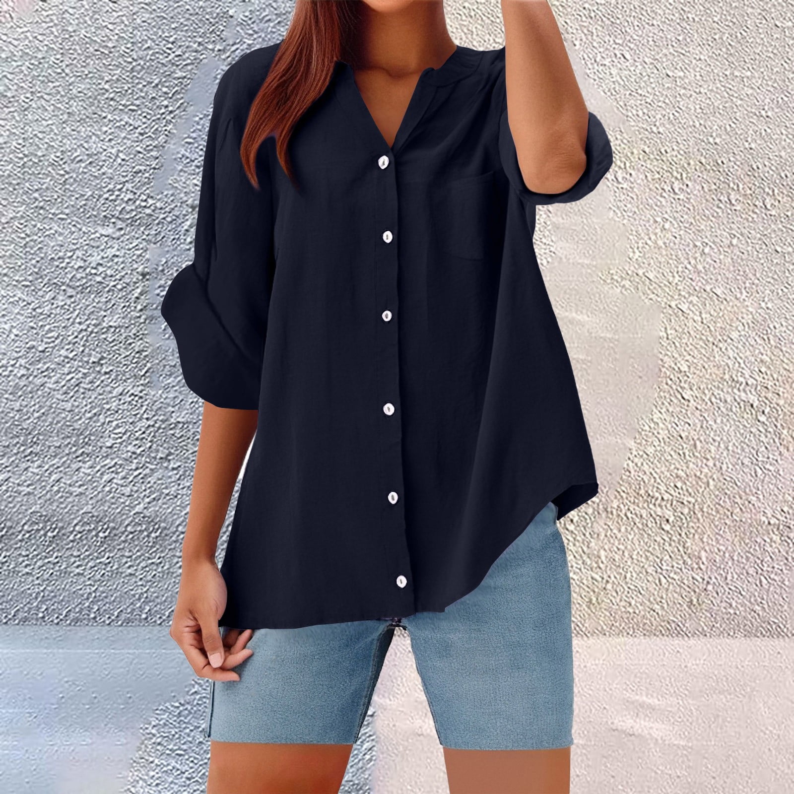 Blue Ladies Tops and Blouses Women'S Solid Color Stand Up Collar Button ...