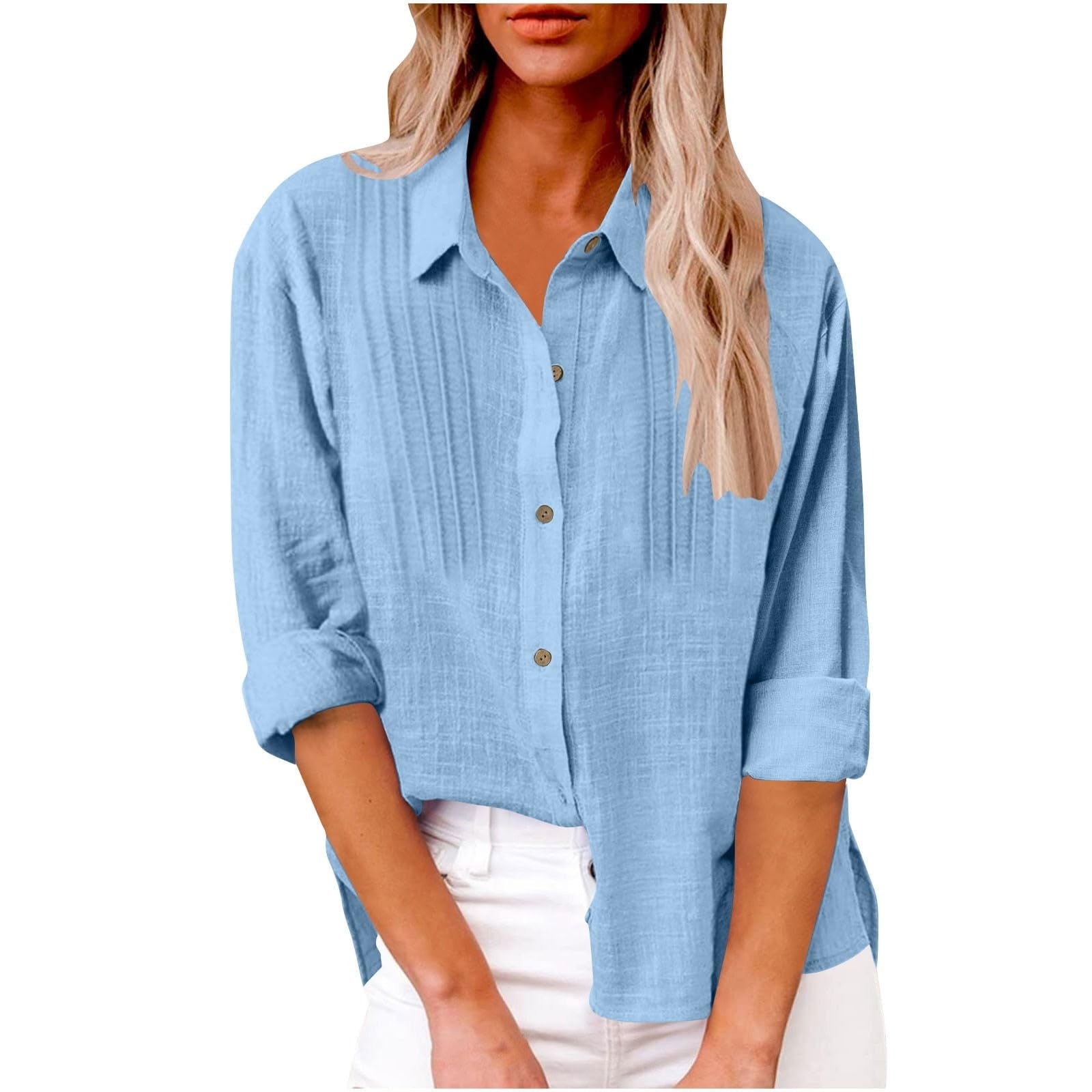 Blue Ladies Tops and Blouses Women's Cotton Linen Shirts Trendy Long ...