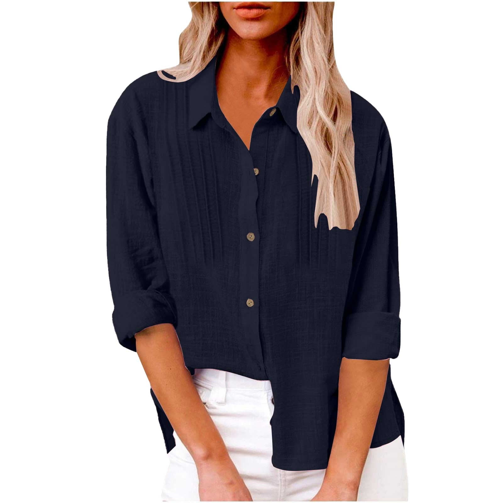 Blue Ladies Tops and Blouses Women's Cotton Linen Shirts Trendy Long ...