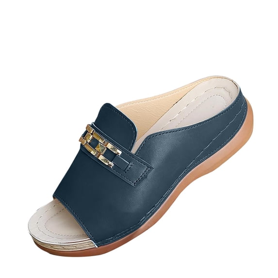 Blue Ladies Wedge Heel Peep Toe Shoes With Metal Embellishments Plus ...