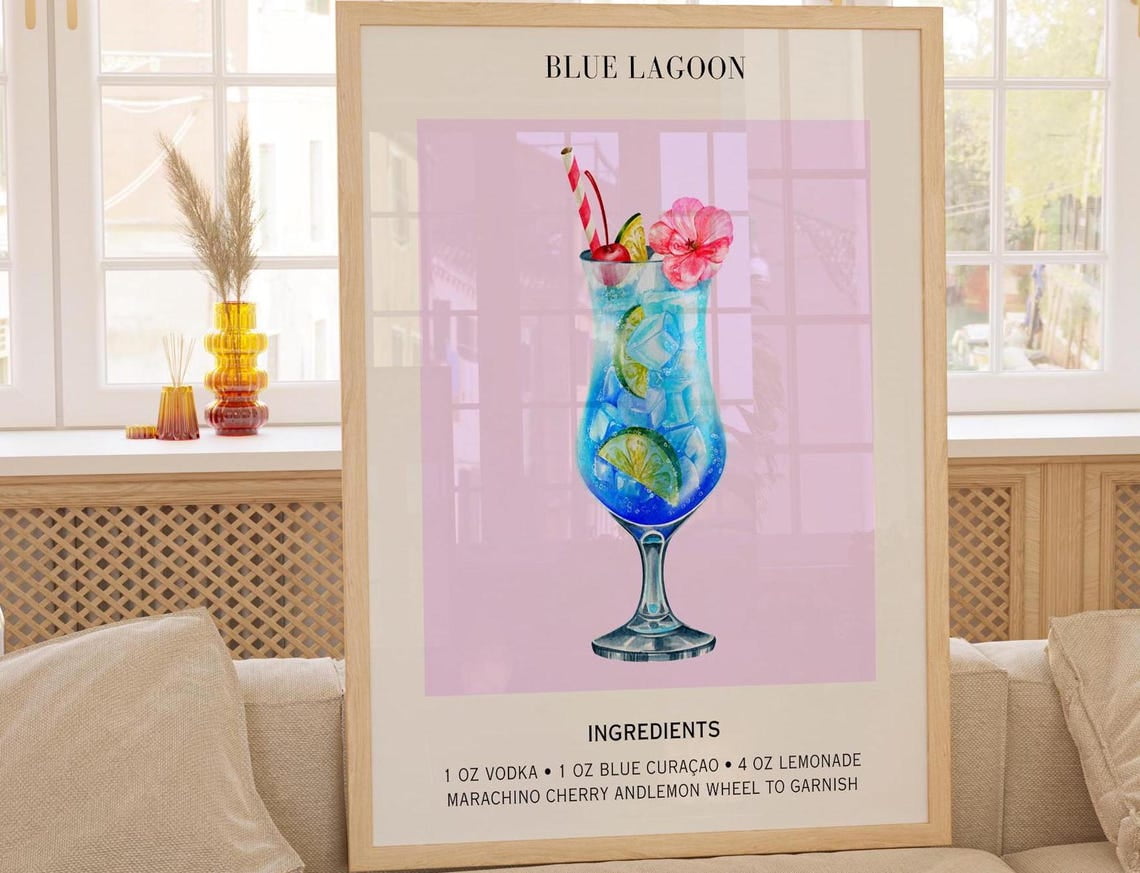 Blue Lagoon Art Print Bar Cart Decor Cocktail Poster Party Signature ...