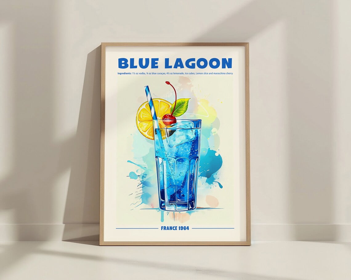 Blue Lagoon Cocktail Print. Classic Alcohol Cocktail. Retro Cocktail ...