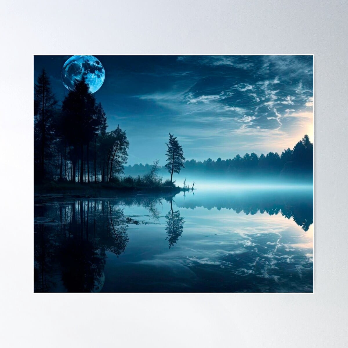 Blue Lake Moon Scenery Poster Wall Art, Modern Wall Decor For Living ...