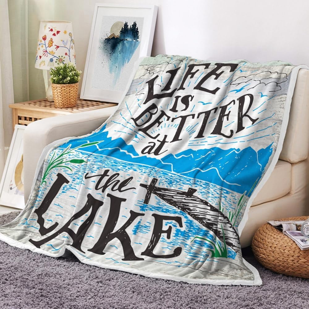 Blue Lakeside Cabin Throw Blankets,Soft Cozy Flannel Life is Better at ...