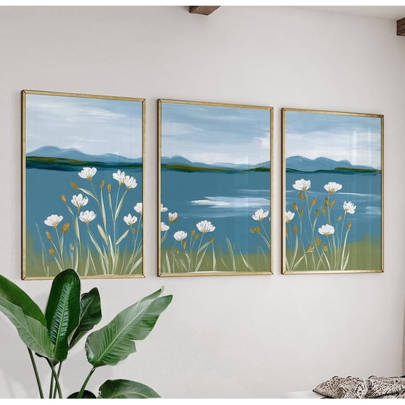 Blue Landscape Botanical Floral Nature Triptych Set 3 Unframed Paper ...