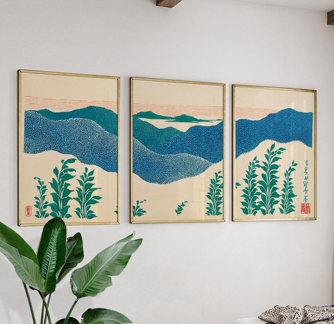 Blue Landscape Botanical Japanese Style Triptych Art Set 3 Stretched ...