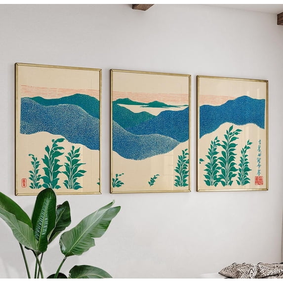 Blue Landscape Botanical Japanese Style Triptych Art Set 3 Stretched ...