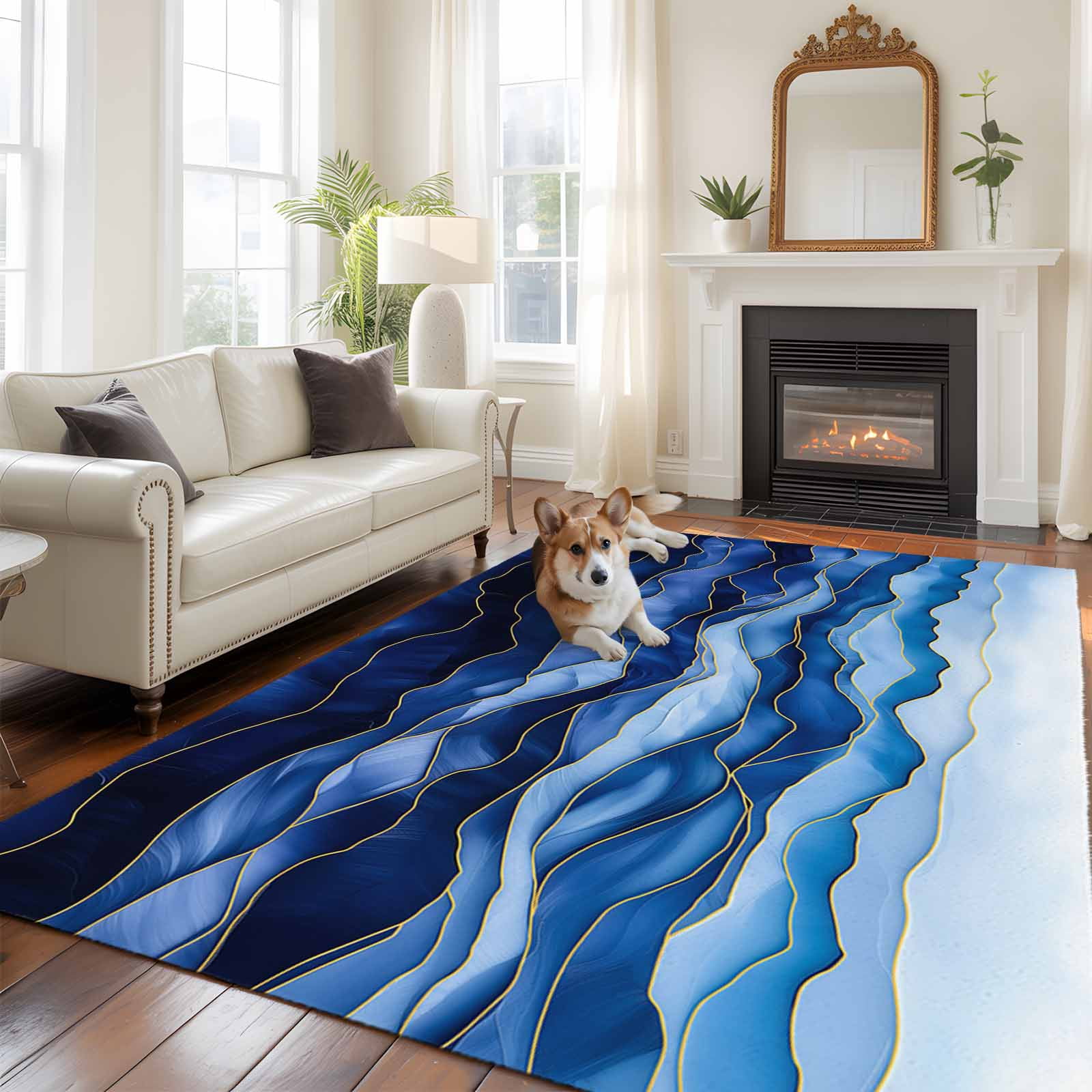 Blue Large Area Rugs 8x10 ft Gradient Ripple Abstract Washable Rug Non ...