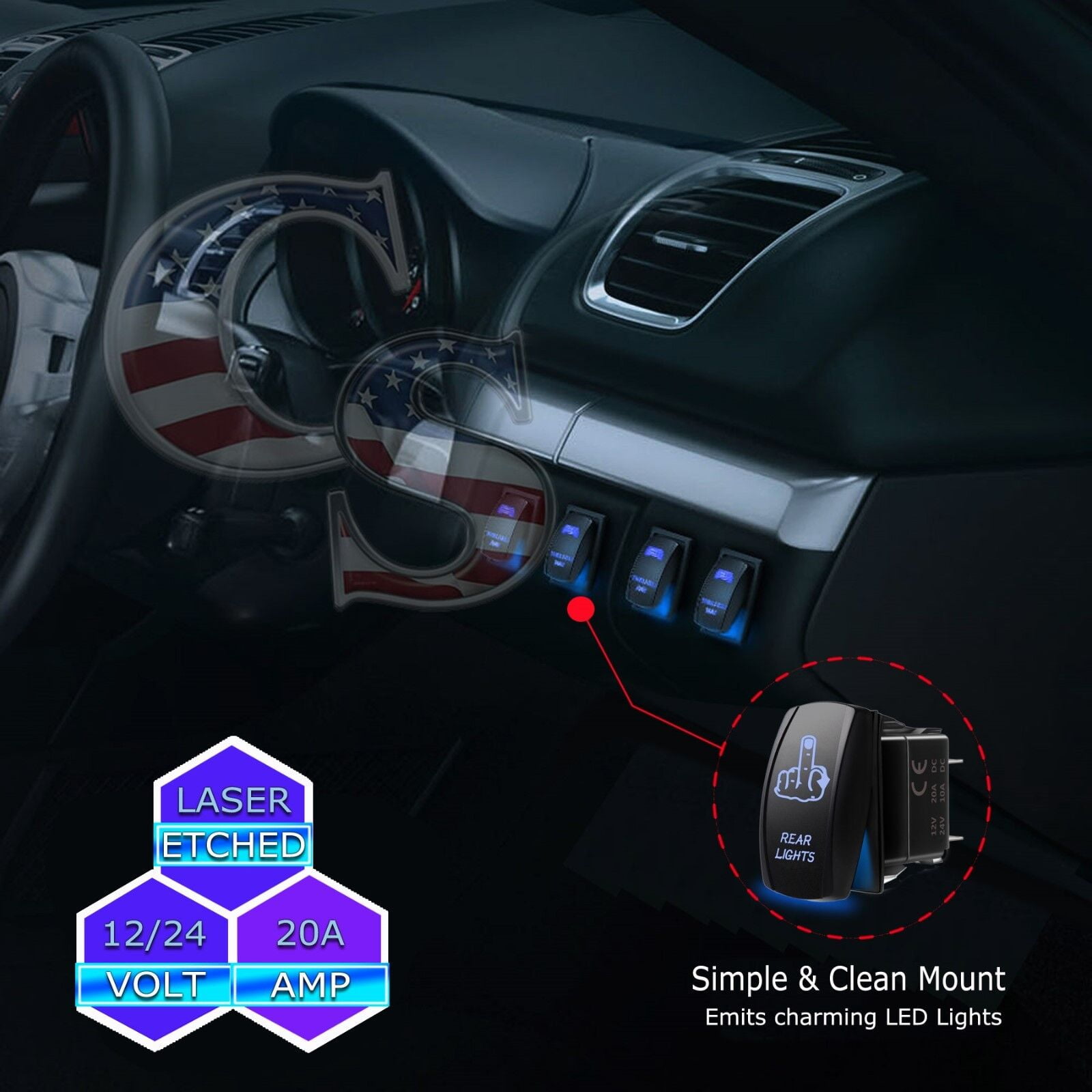 Blue Laser Etched Rear Finger LED 12V 20A 10A 5-pin Rocker Toggle ...