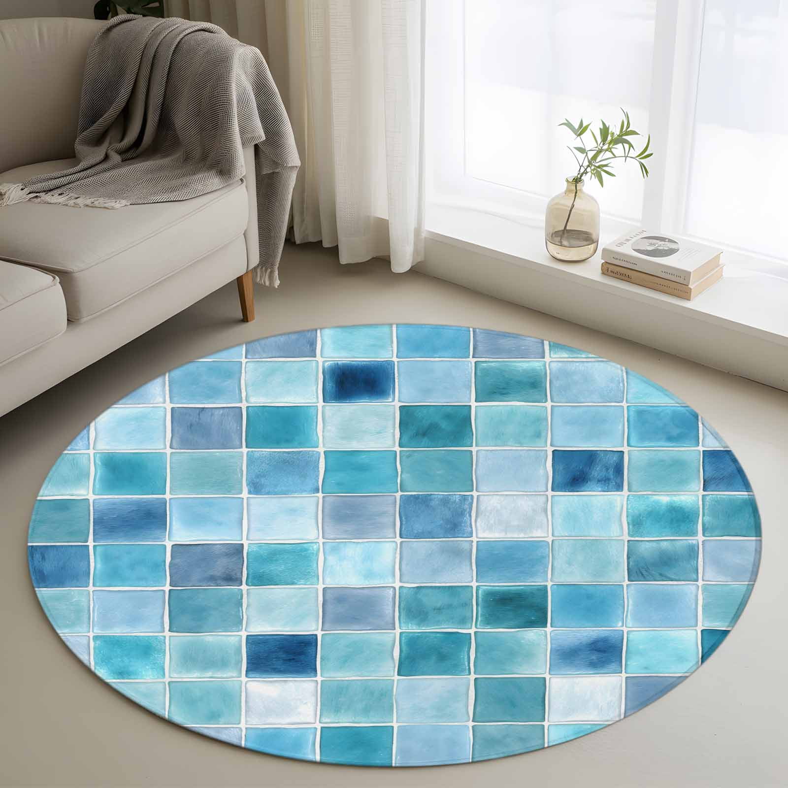 Blue Lattice 4FT Round Area Rugs Summer Watercolor Square Ocean Soft ...
