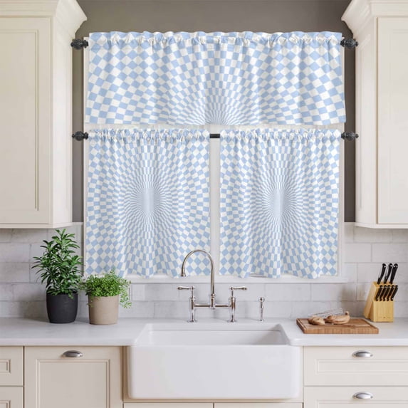 Blue Lattice Abstract Geometric Curtain Tier and Valance Set 3 Piece ...