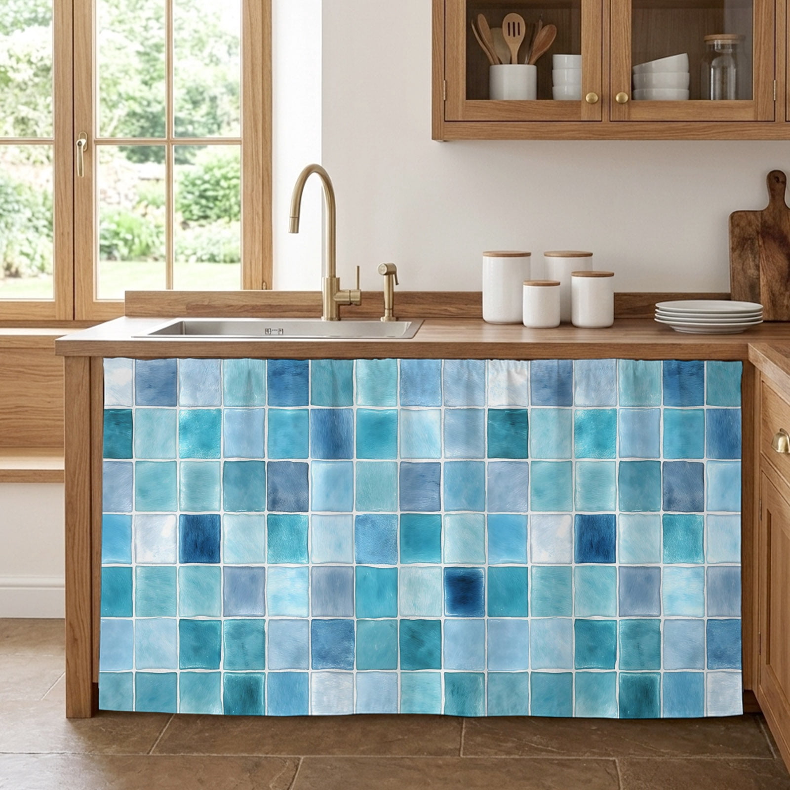 Blue Lattice Cabinet Curtains for Kitchen 28"W x 51"L, Summer ...