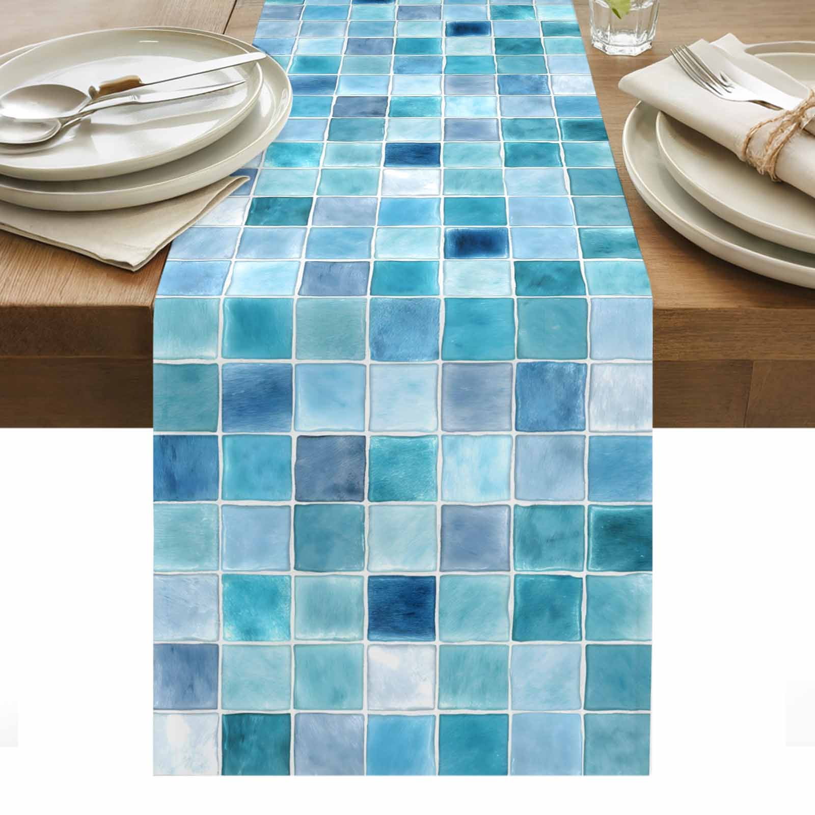 Blue Lattice Cotton Linen Table Runner Summer Watercolor Square Ocean ...