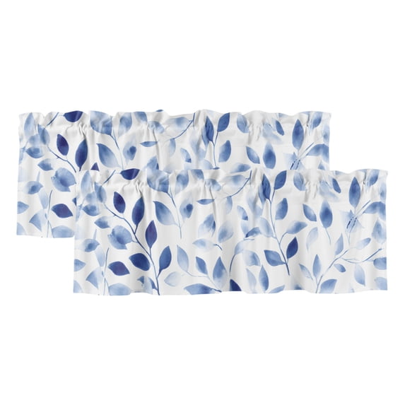 Blue Leaf 2 Panels Kitchen Valance, Gradient Abstract Plants Watercolor ...