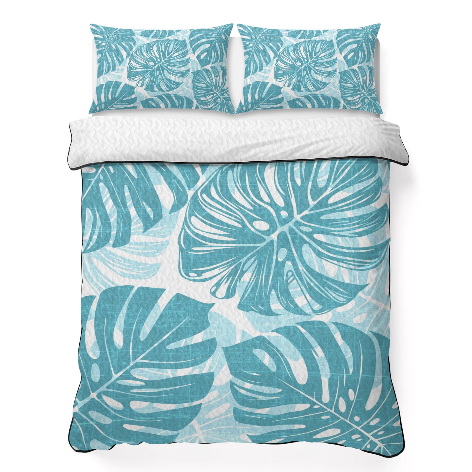 Blue Leaf 3 Piece Quilt Bedding Set with 2 Pillow Shams, Tropical ...