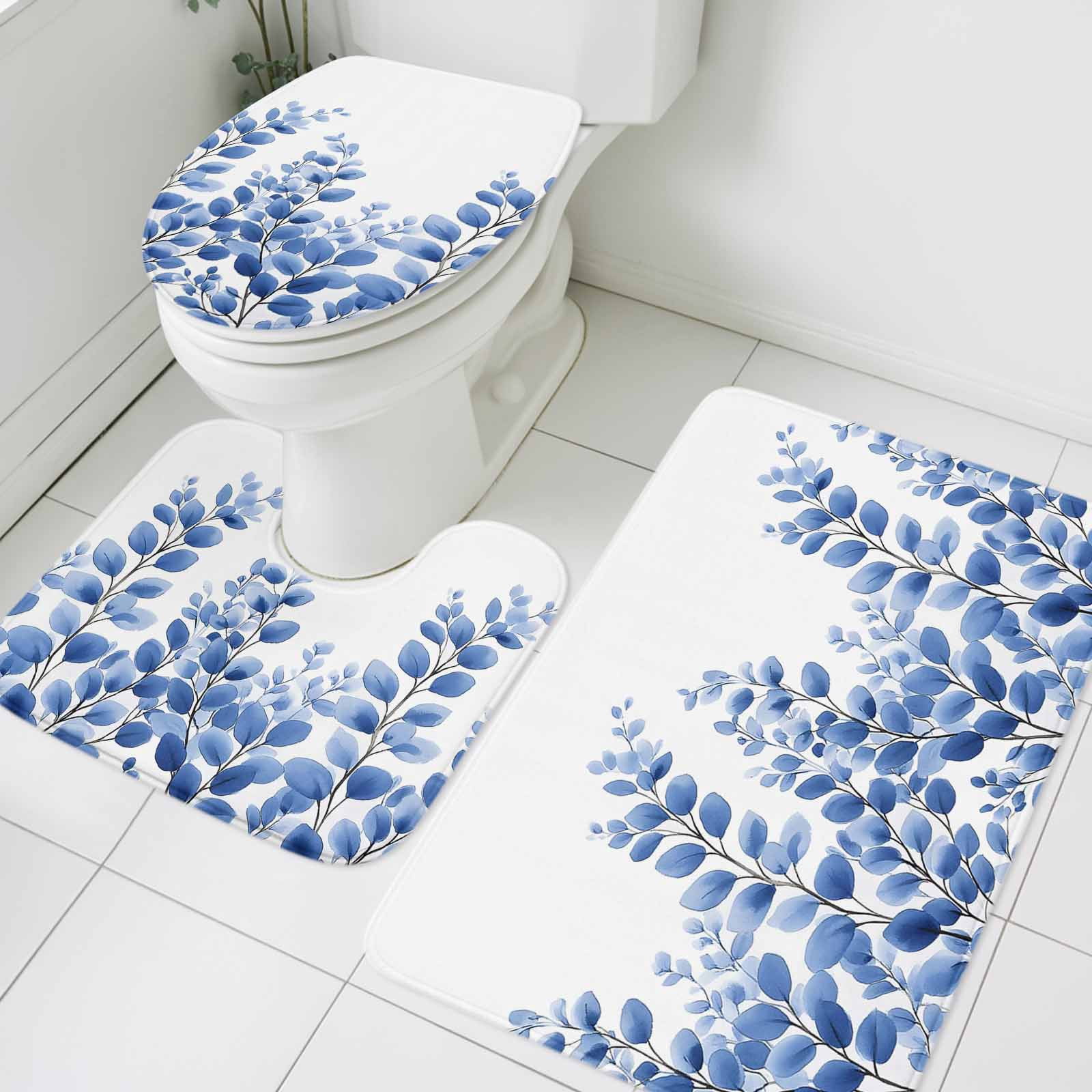 Blue Leaf Bathroom Rugs Set Spring Abstract Vintage Blue Ombre Branch ...