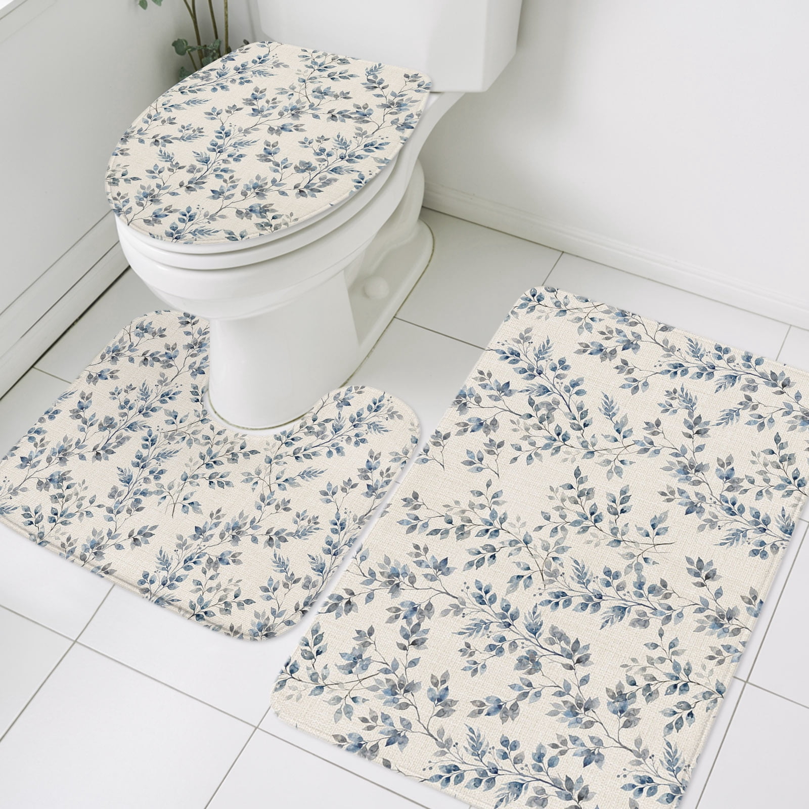 Blue Leaf Bathroom Rugs Set Vintage Gray Floral Vine Rustic Country ...