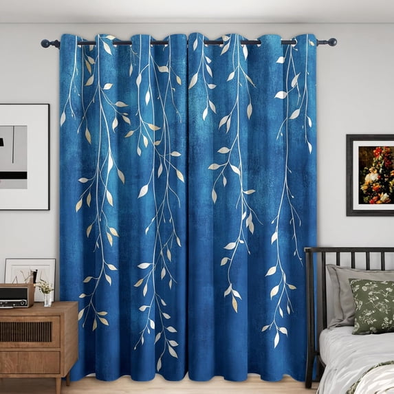 Blue Leaf Blackout Curtains, Botanical Window Curtains with Grommets ...
