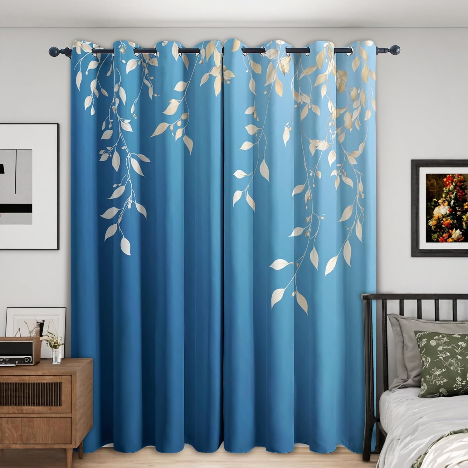 Blue Leaf Blackout Curtains, Botanical Window Curtains with Grommets ...