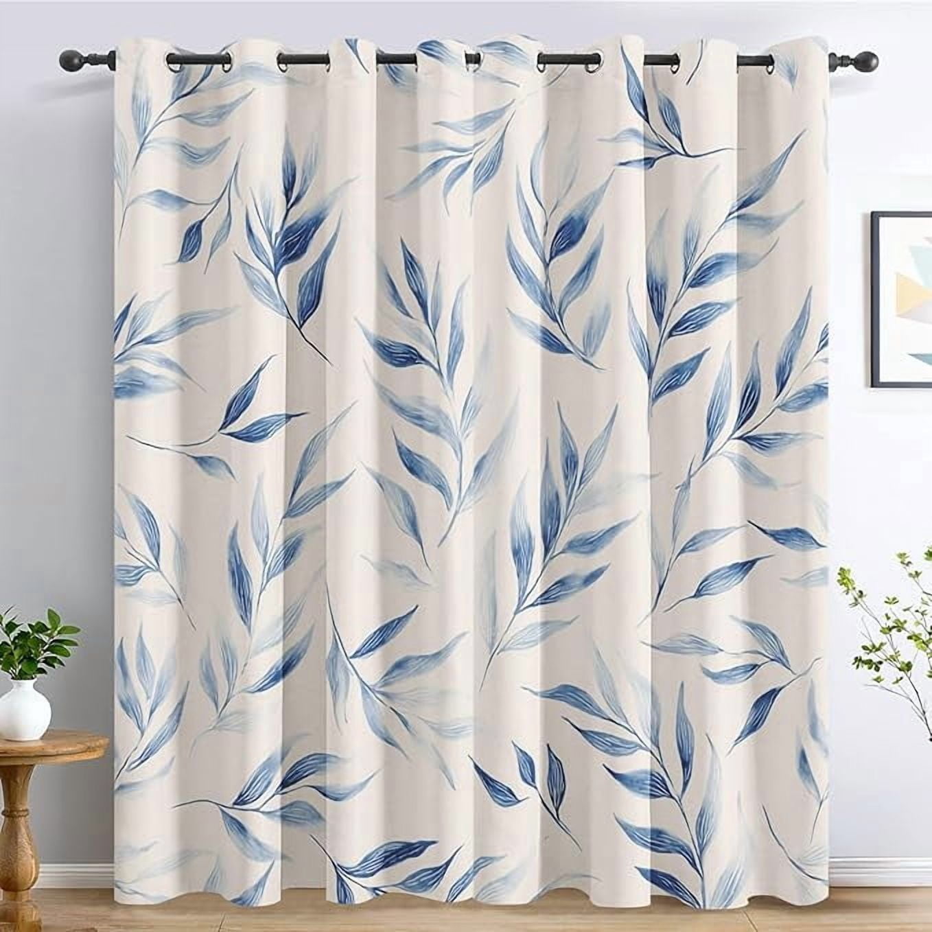 Blue Leaf Blackout Curtains for Bedroom, Thermal Plant Leaves Curtains ...