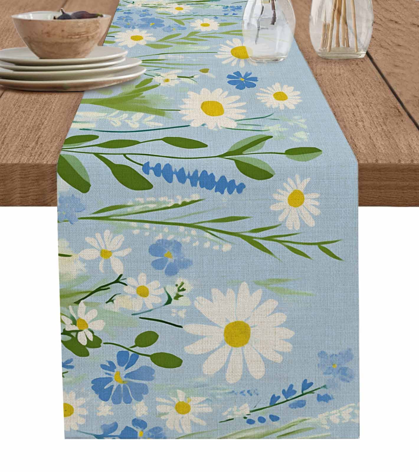 Blue Leaf Botanical Table Runner 72 Inches, Spring Daisy Flower Leaf ...
