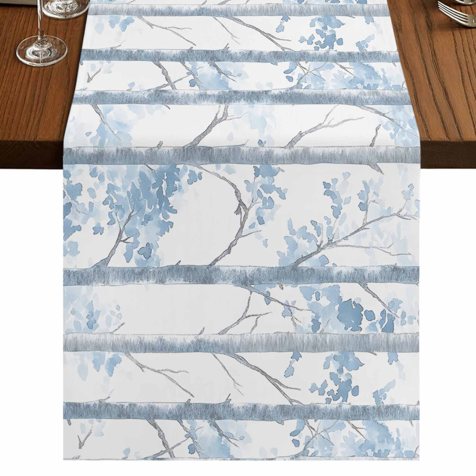 Blue Leaf Branches 120 Inch Table Runner, Vintage Tree Watercolor ...