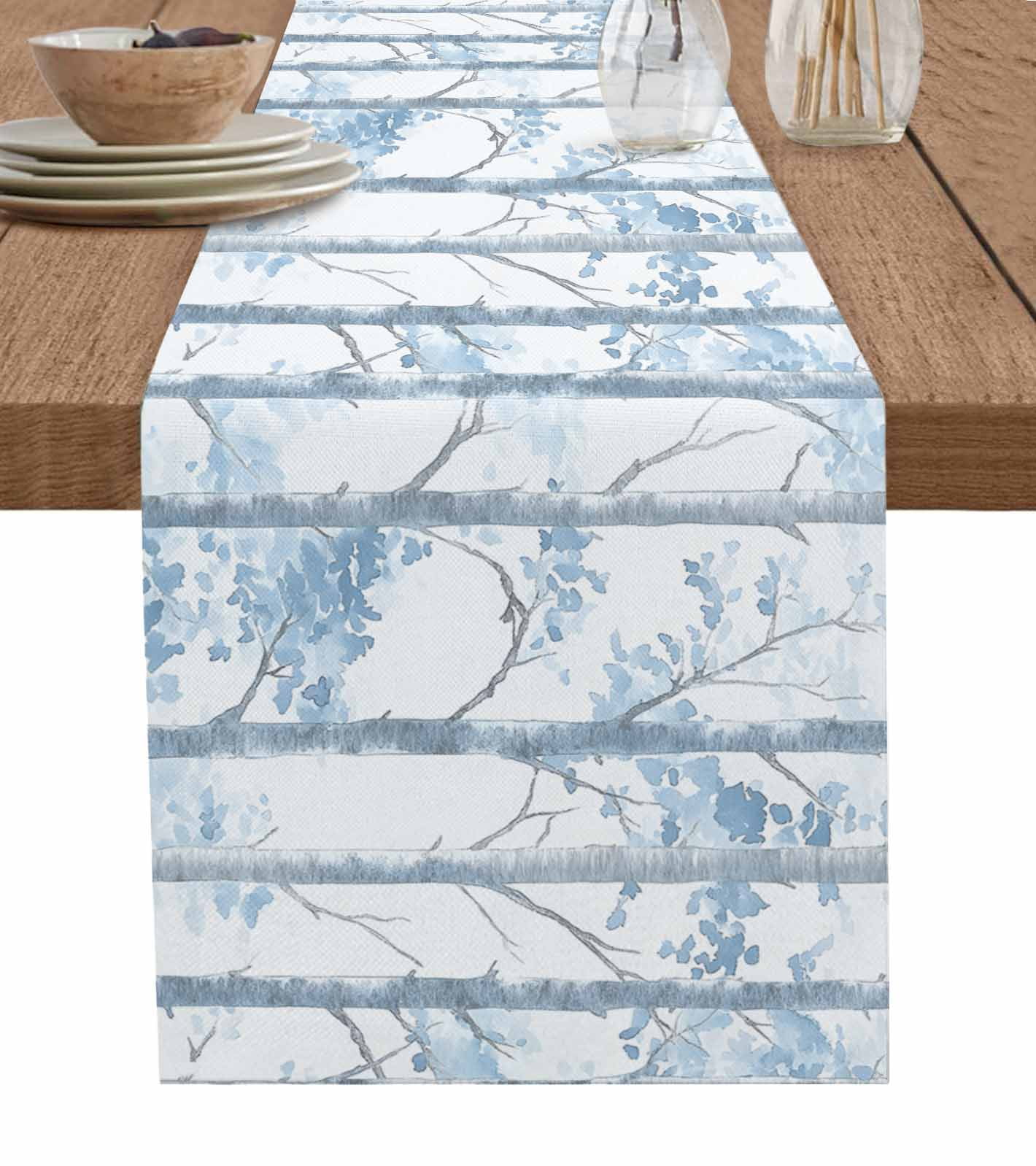 Blue Leaf Branches Table Runner Cotton Linen 36 Inch Holiday Dresser ...