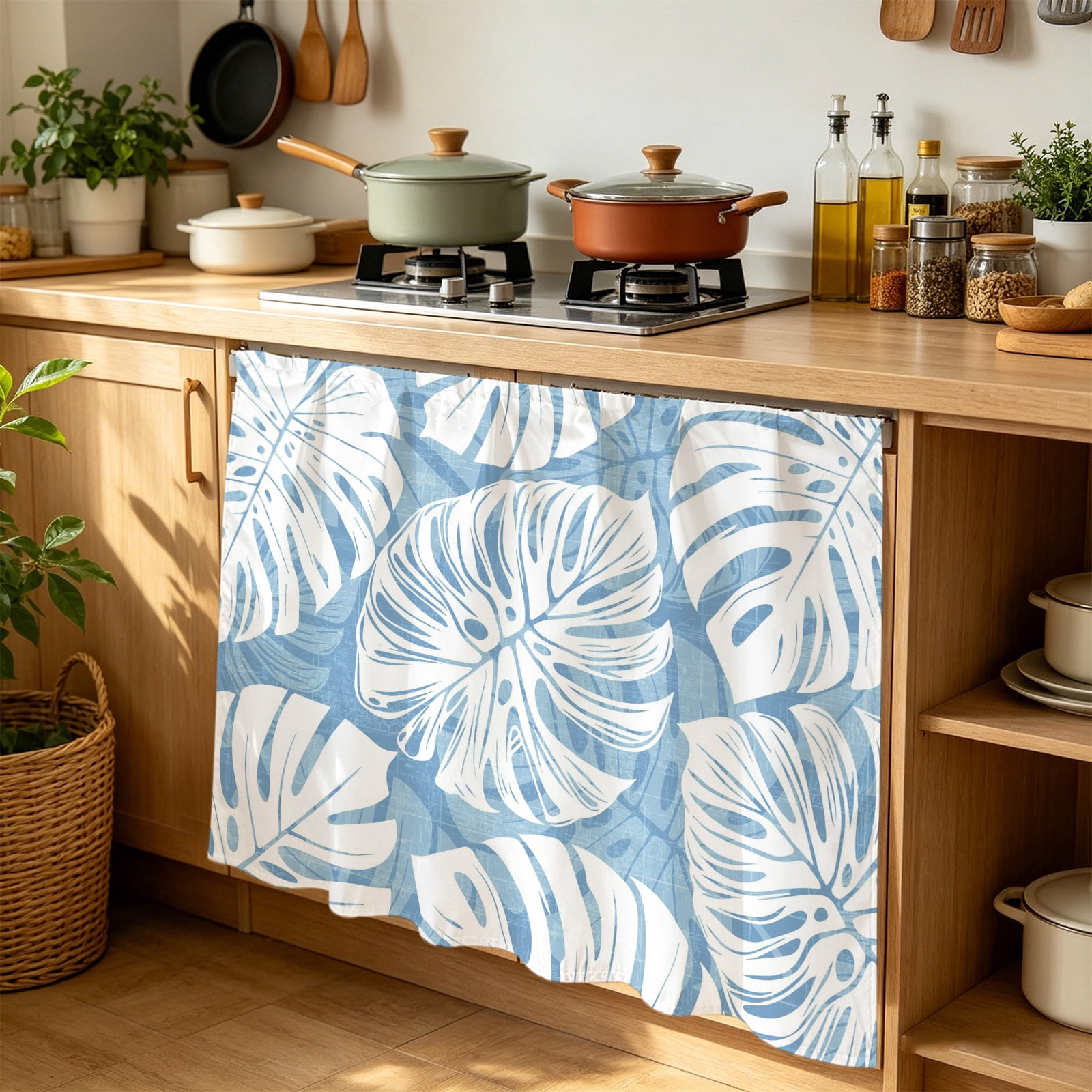 Blue Leaf Cabinet Curtains 35" W x 35" L Tropical Country Nautical ...