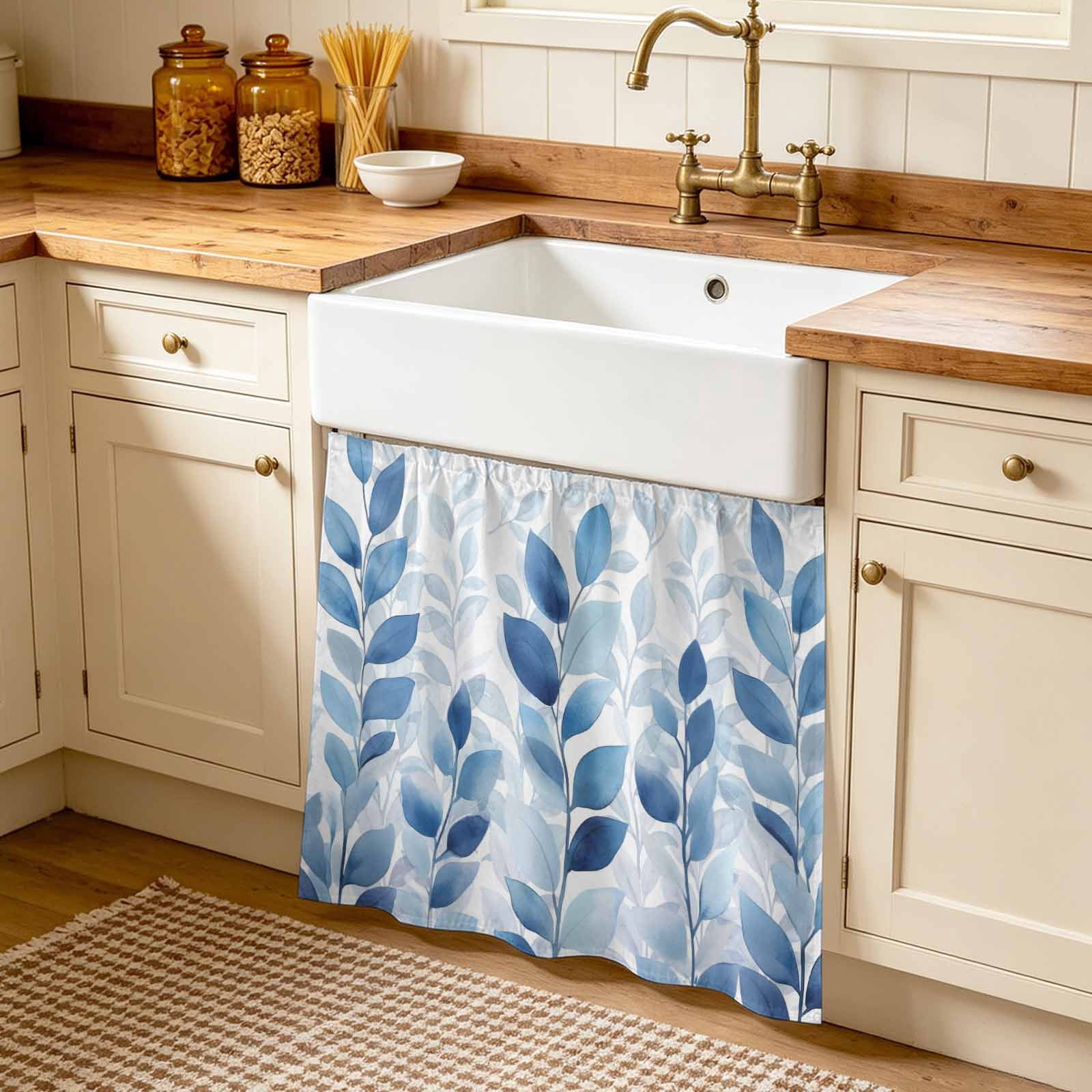 Blue Leaf Cabinet Curtains 35"W x 35"L, Watercolor Country Plant ...