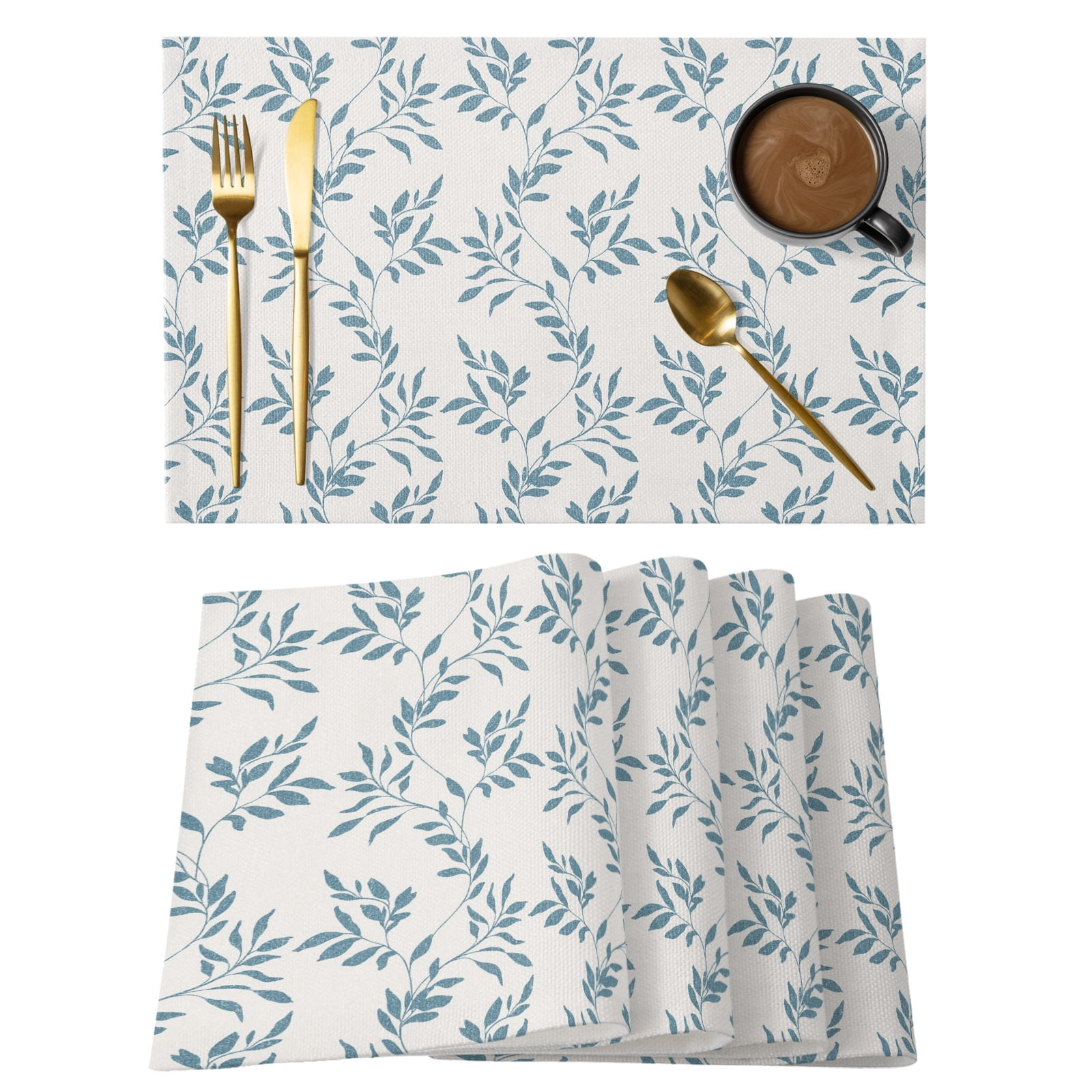 Blue Leaf Cotton Linen Placemats Set of 8, Vintage Farmhouse Botanical ...
