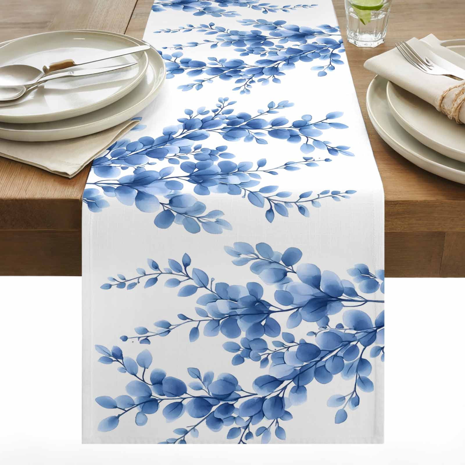 Blue Leaf Cotton Linen Table Runner Spring Vintage Blue Ombre Botanical ...