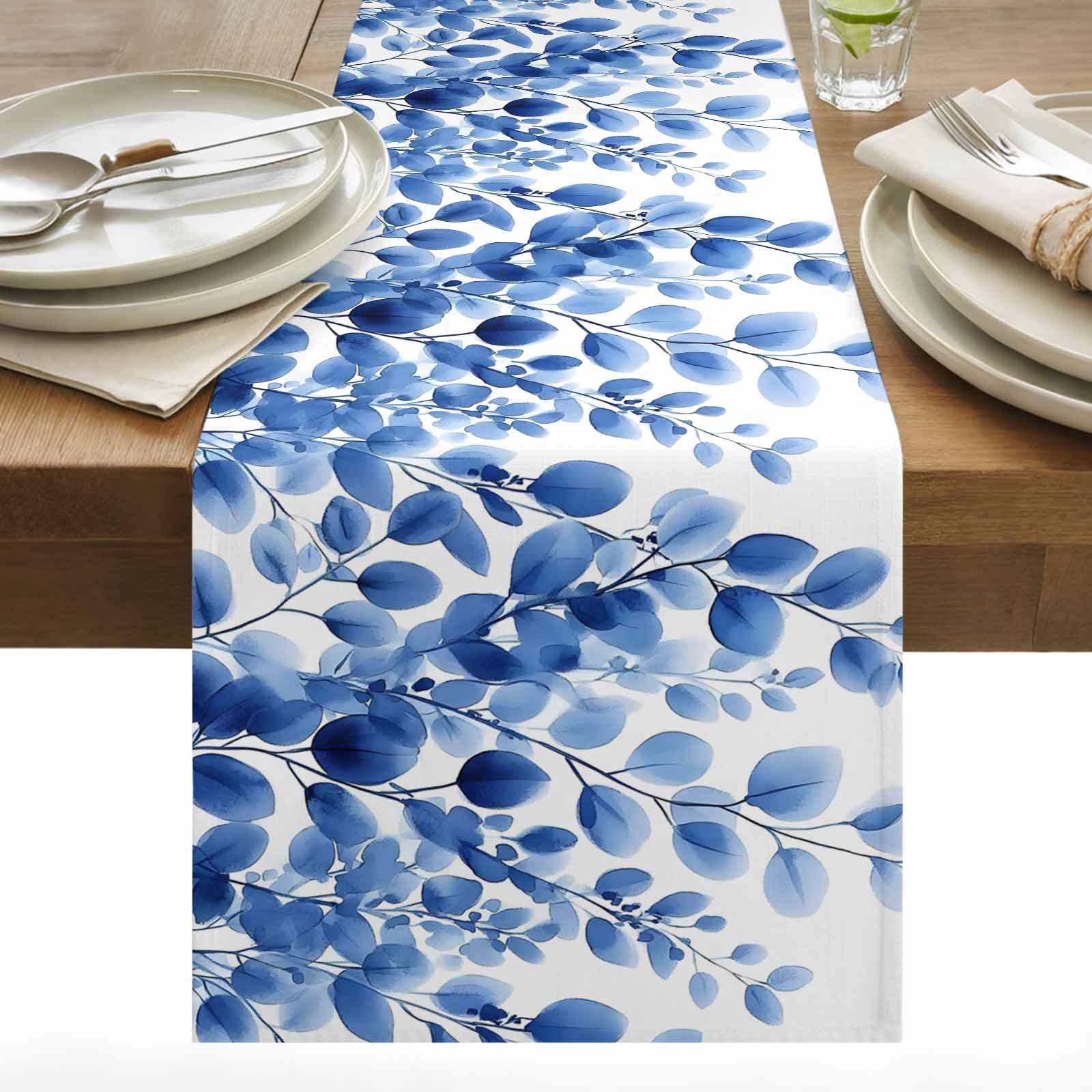 Blue Leaf Cotton Linen Table Runner Spring Vintage Blue Ombre Botanical ...