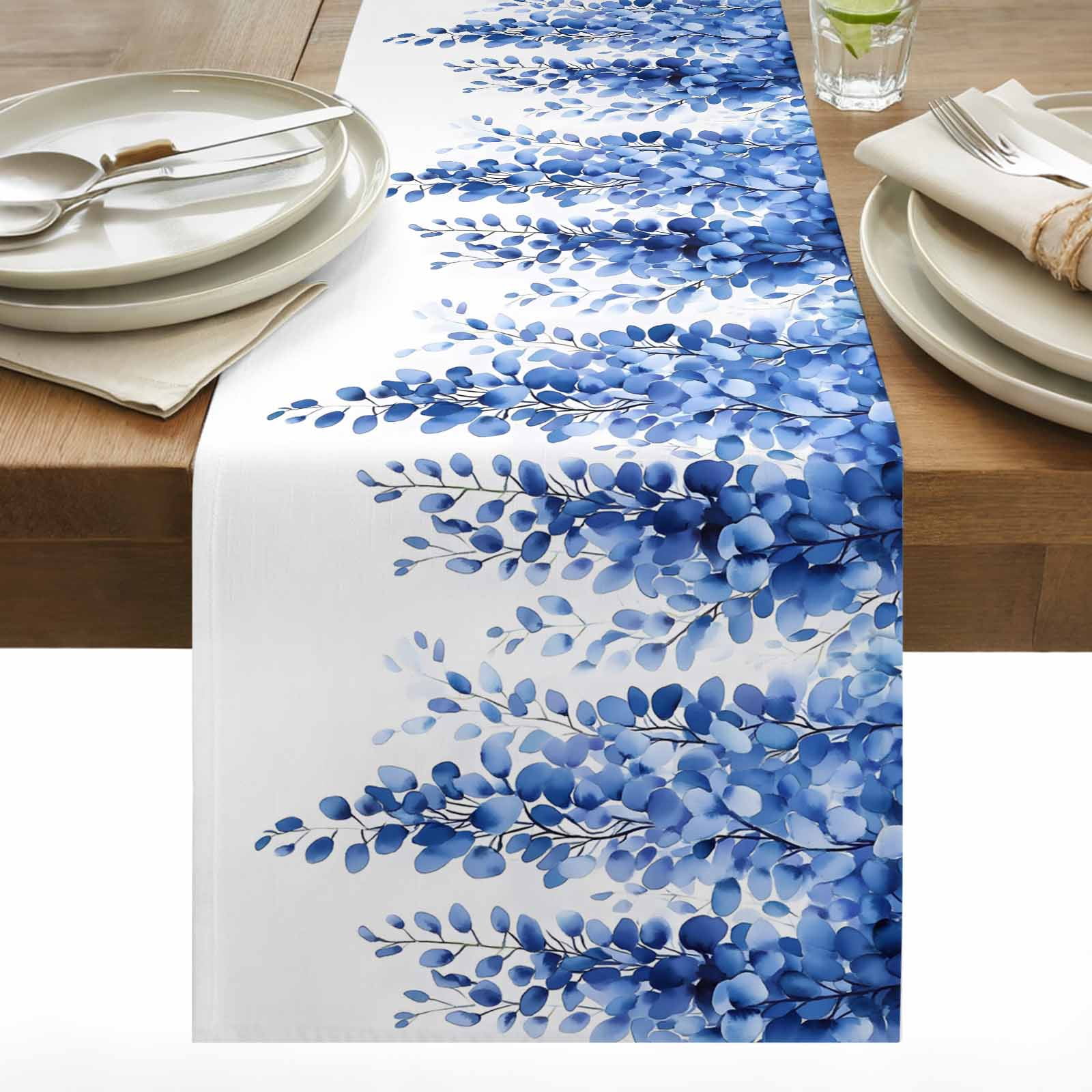 Blue Leaf Cotton Linen Table Runner Spring Watercolor Eucalyptus Leaf ...